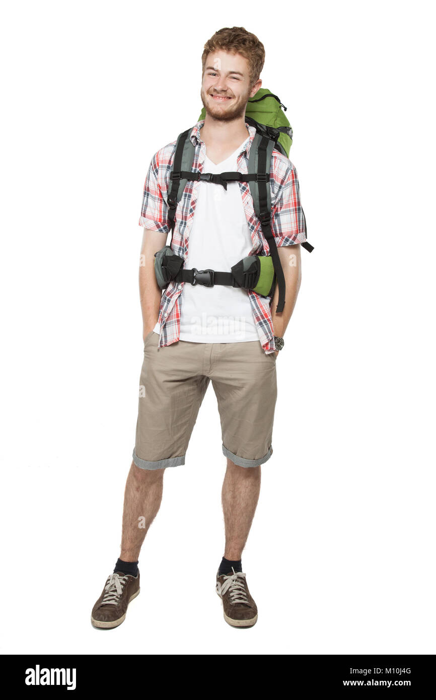 portrait of young man with backpack isolated over white background ...