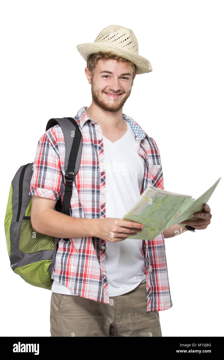 portrait of young man with backpack isolated over white background ...
