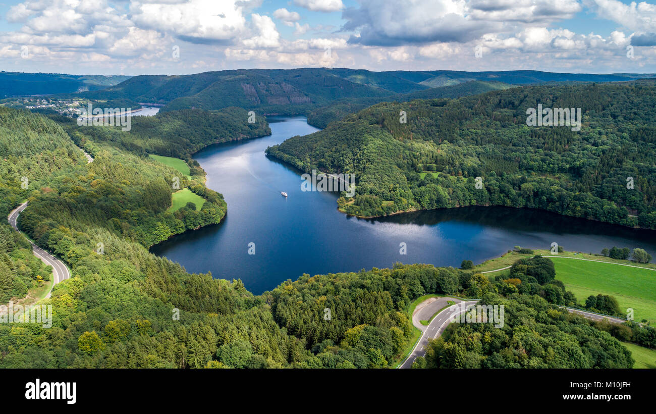 Bird's eye view over beautiful landscape with a lake and green forest ...