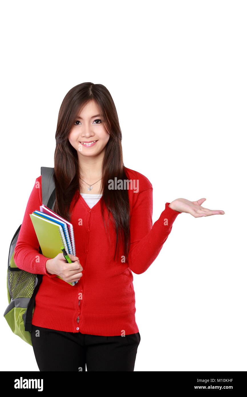 female student in red cardigan presenting blank area copy space ...