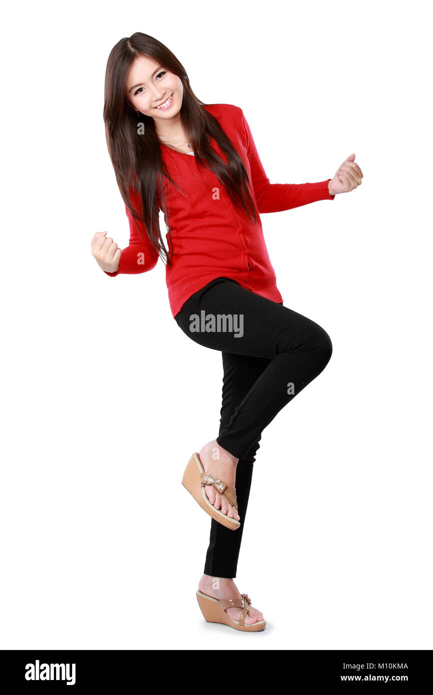 portrait of Happy and joy beautiful girl raise arm Stock Photo - Alamy