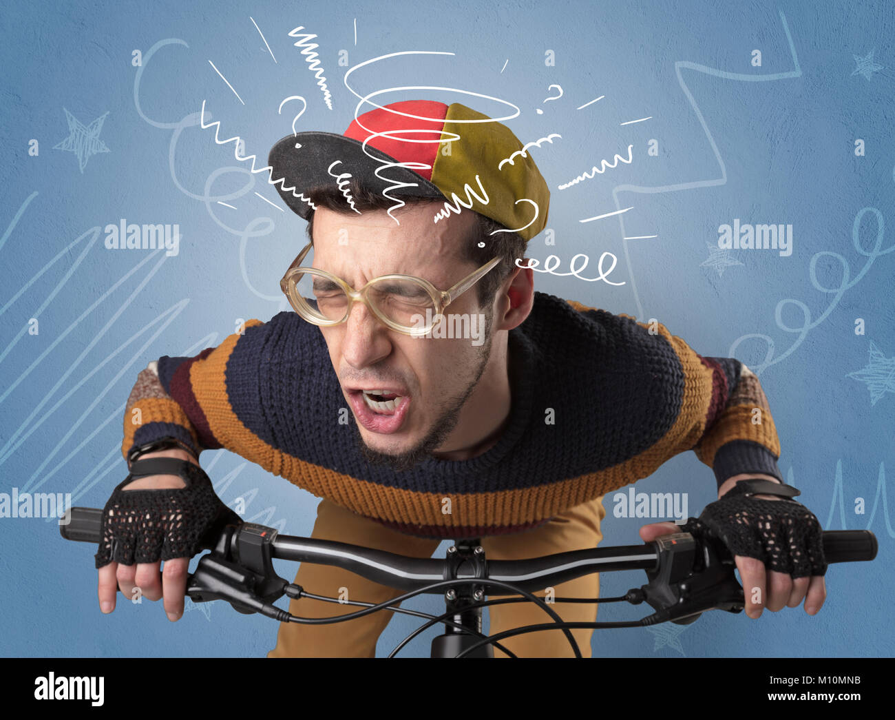 Young foolish crazy rider with doodle on the background Stock Photo - Alamy