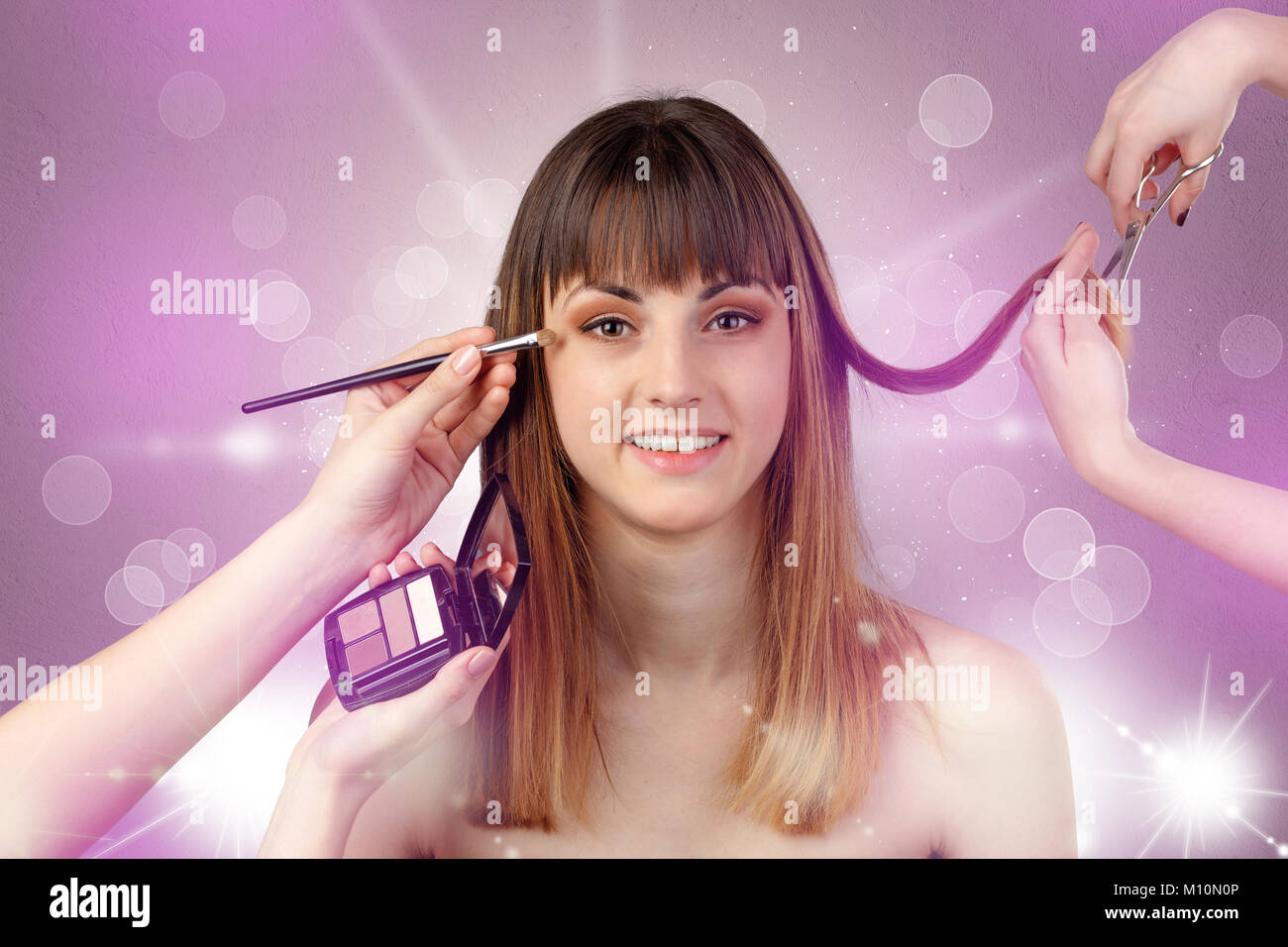 Young woman portrait with shiny pink beauty salon concept and personal ...