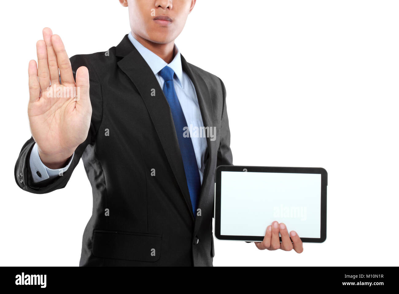photo of a businessman showing blank tablet PC monitor while pushing to ...