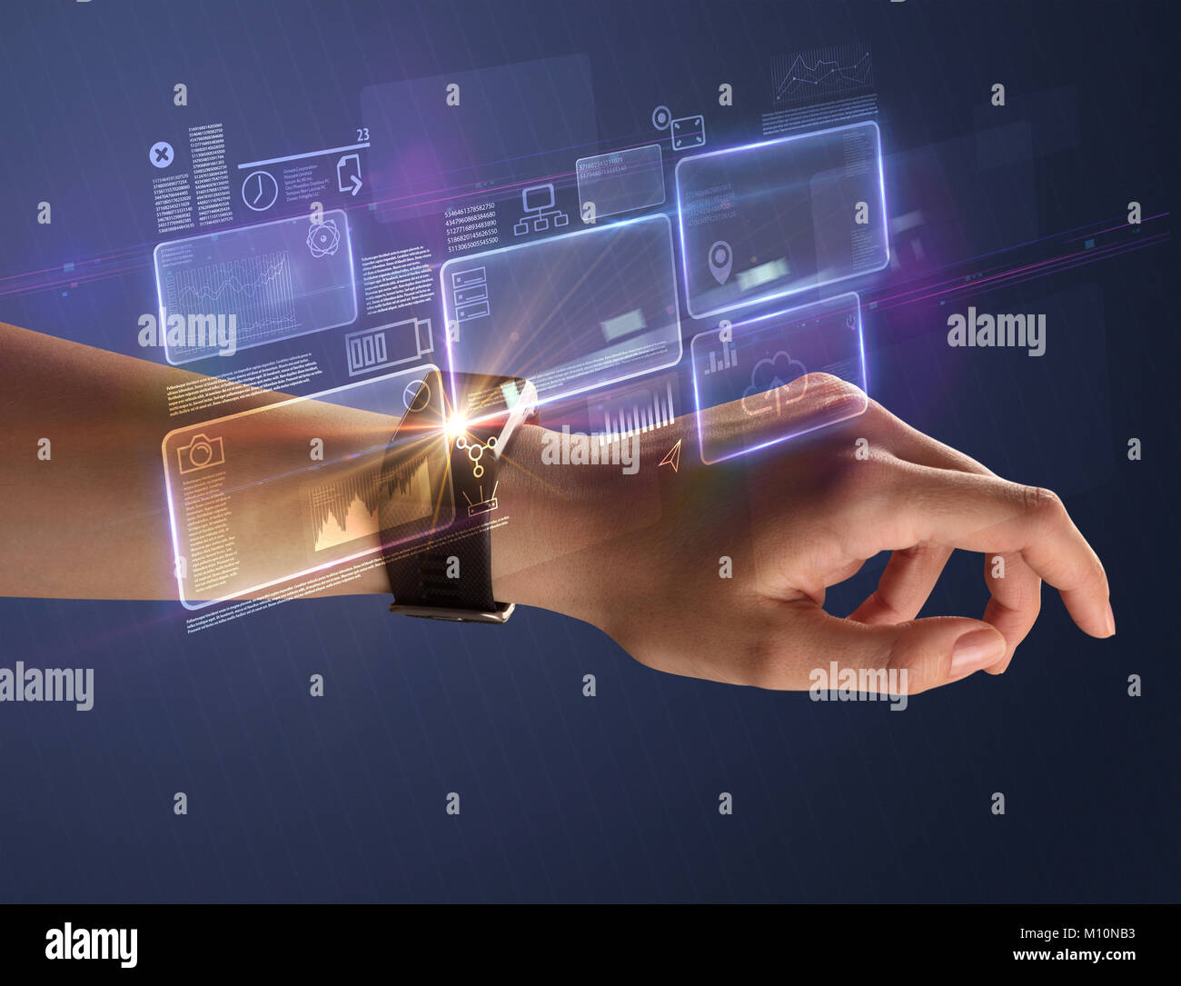 Female hand wearing smartwatch with statement labels around and dark ...