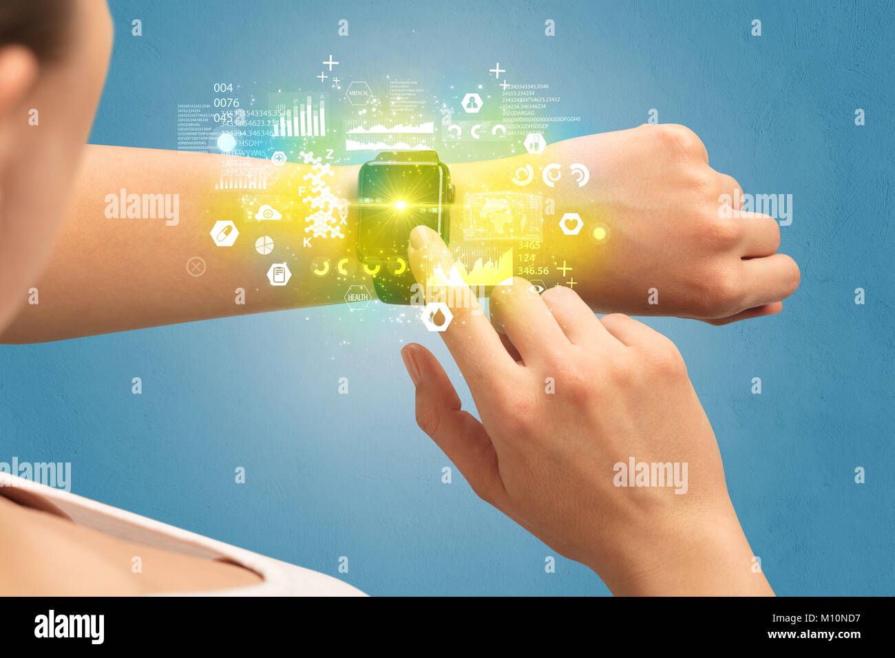 Hand with smartwatch and health medical tracker concept Stock Photo - Alamy