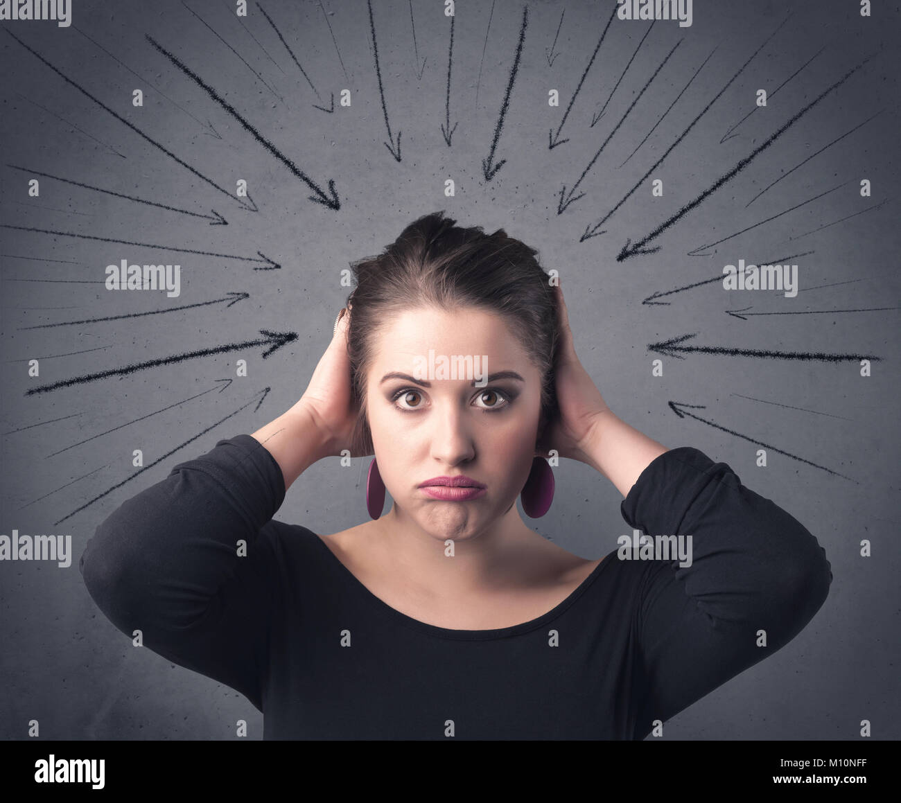 A teenage student girl under pressure while making happy face ...