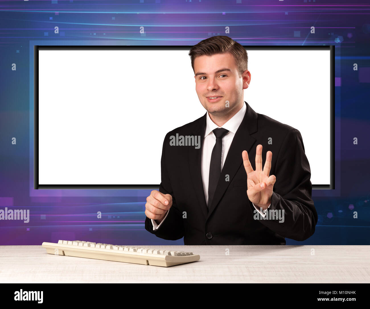 Television program host with big copy screen in his back concept Stock ...