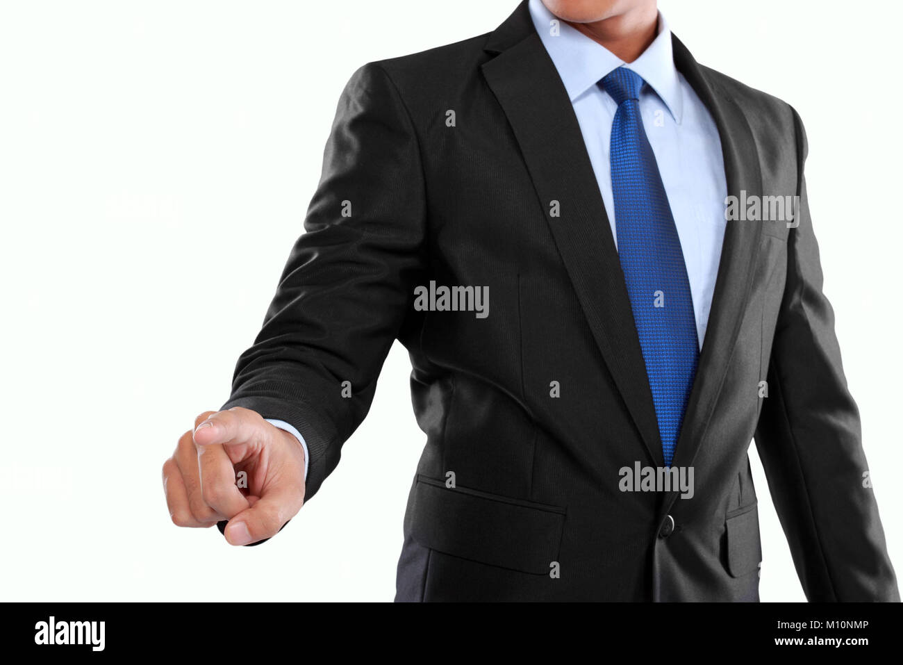 businessman hand pushing virtual screen on white background Stock Photo ...
