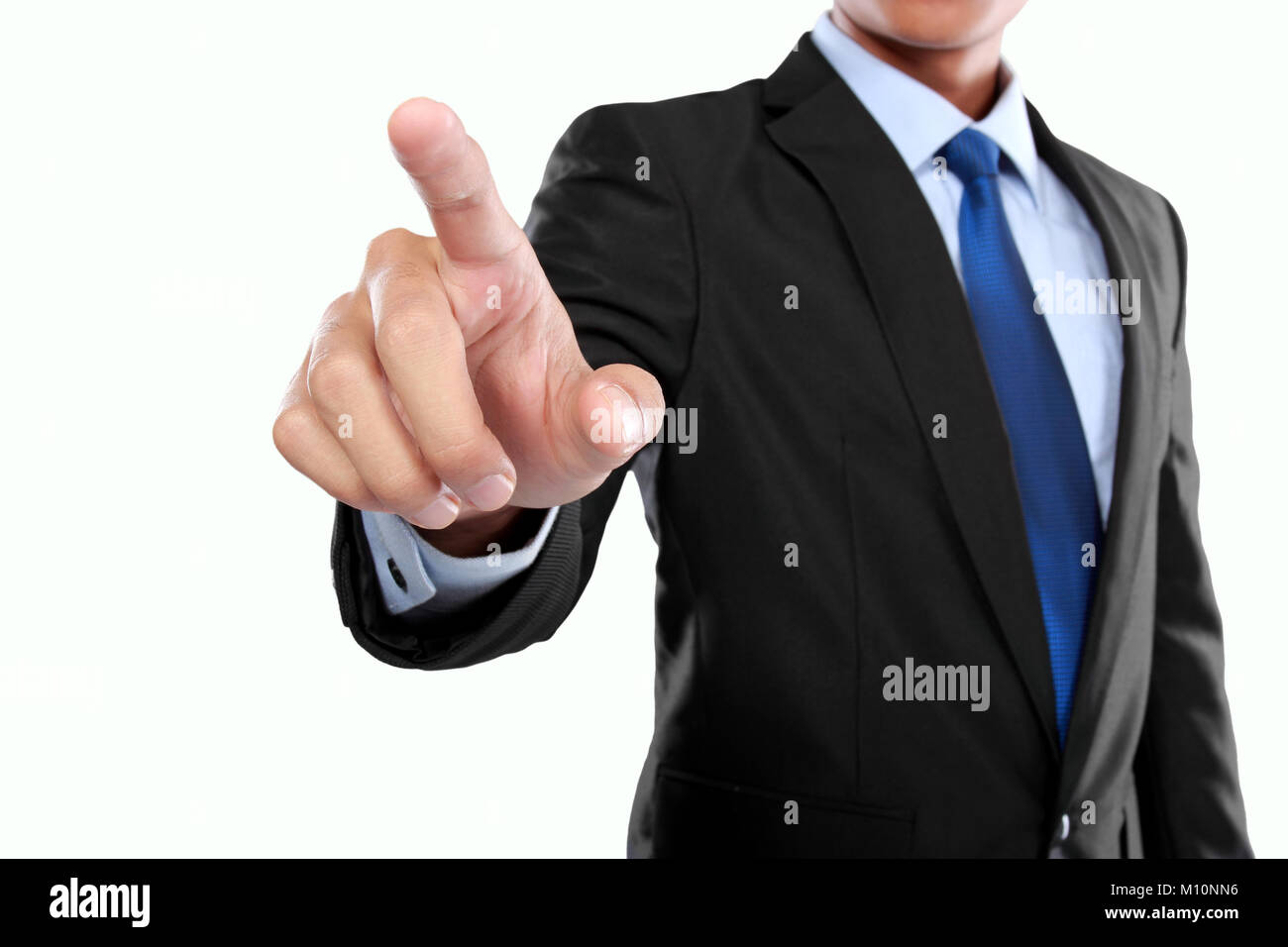 businessman hand pushing virtual screen on white background Stock Photo ...