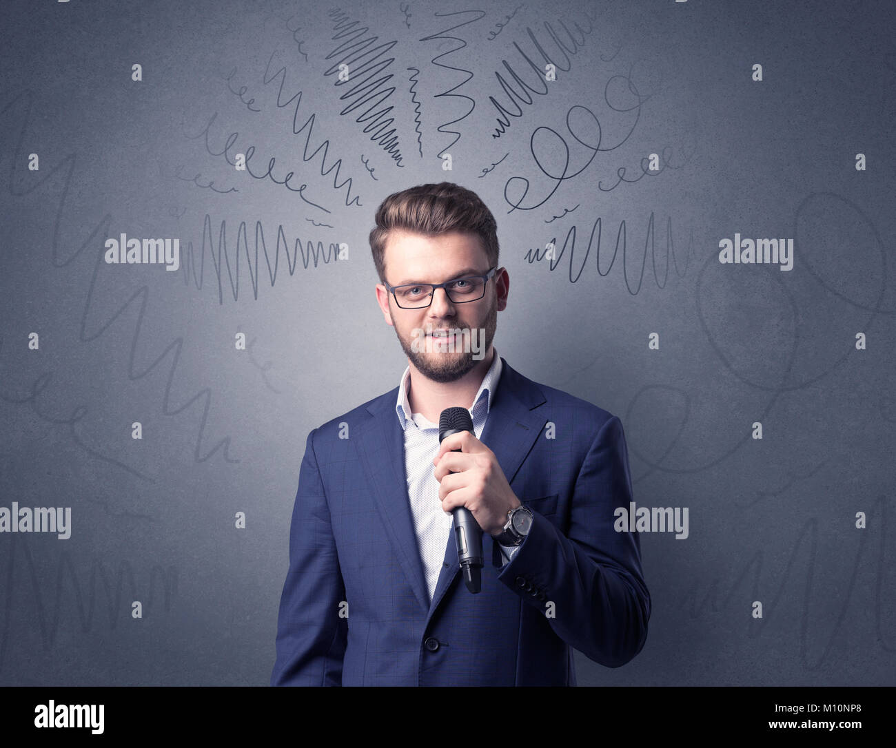 Businessman speaking into microphone with scribbles over his head Stock ...
