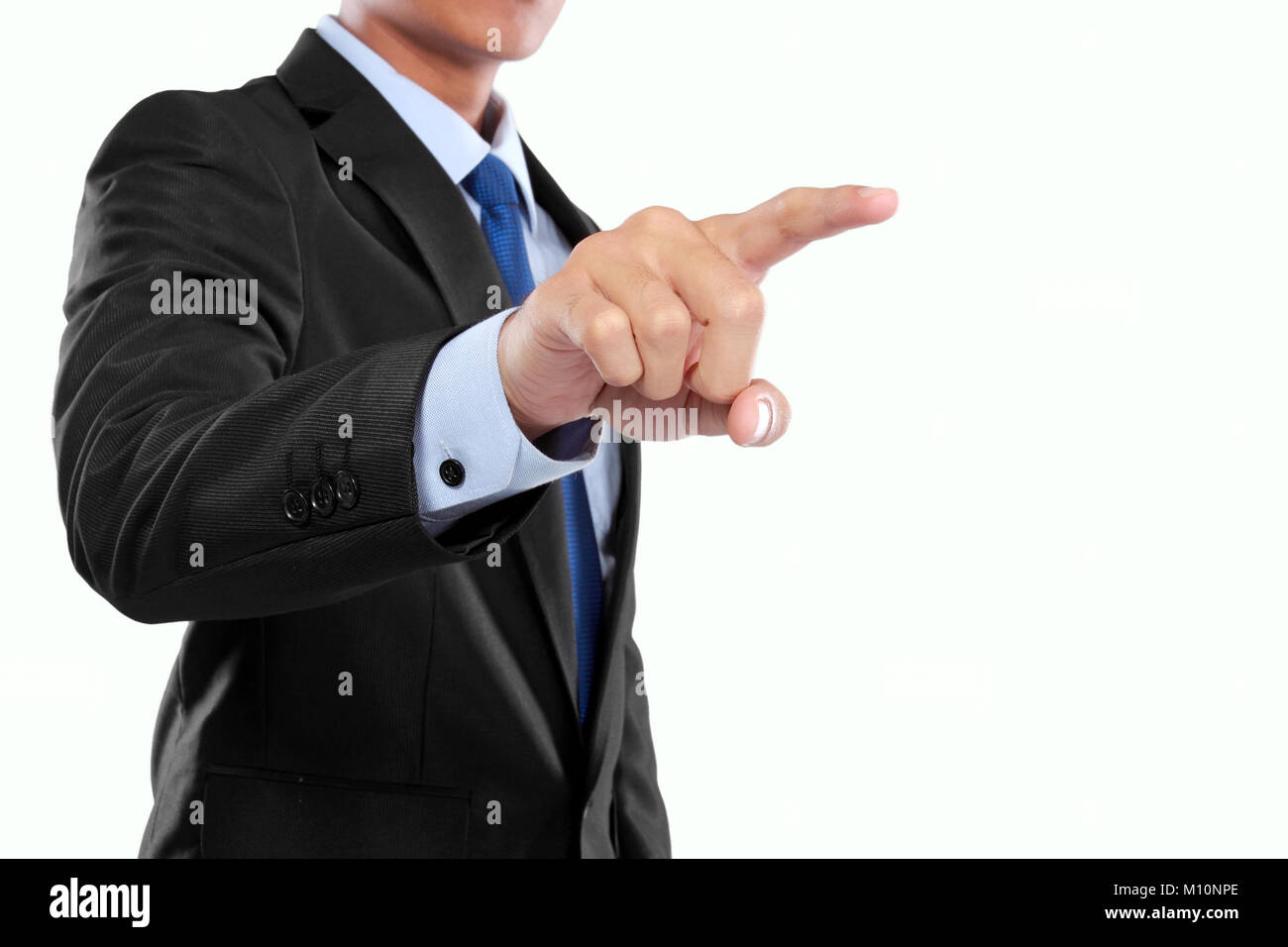 businessman hand pushing virtual screen on white background Stock Photo ...