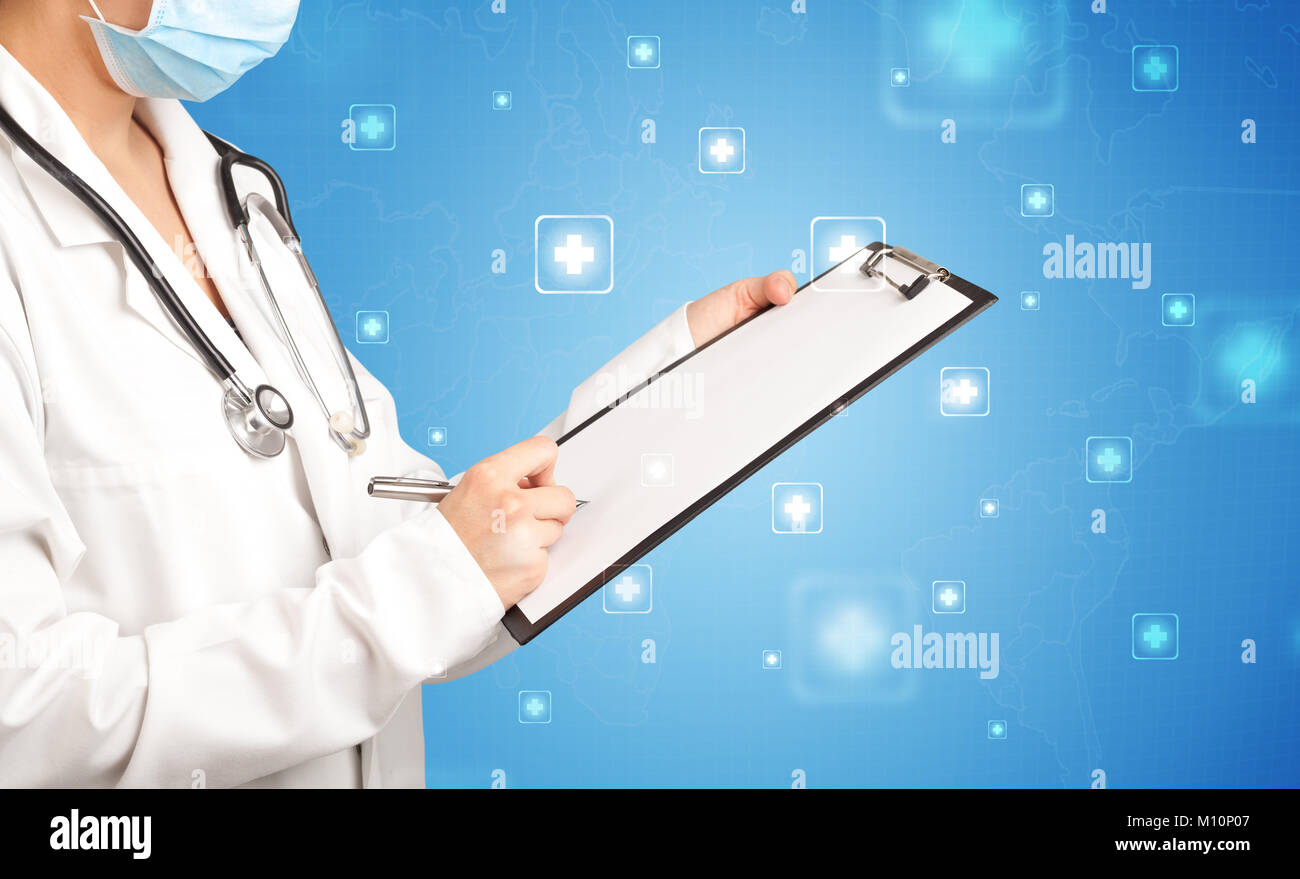 Female doctor holding notepad with blue background and crosses Stock ...