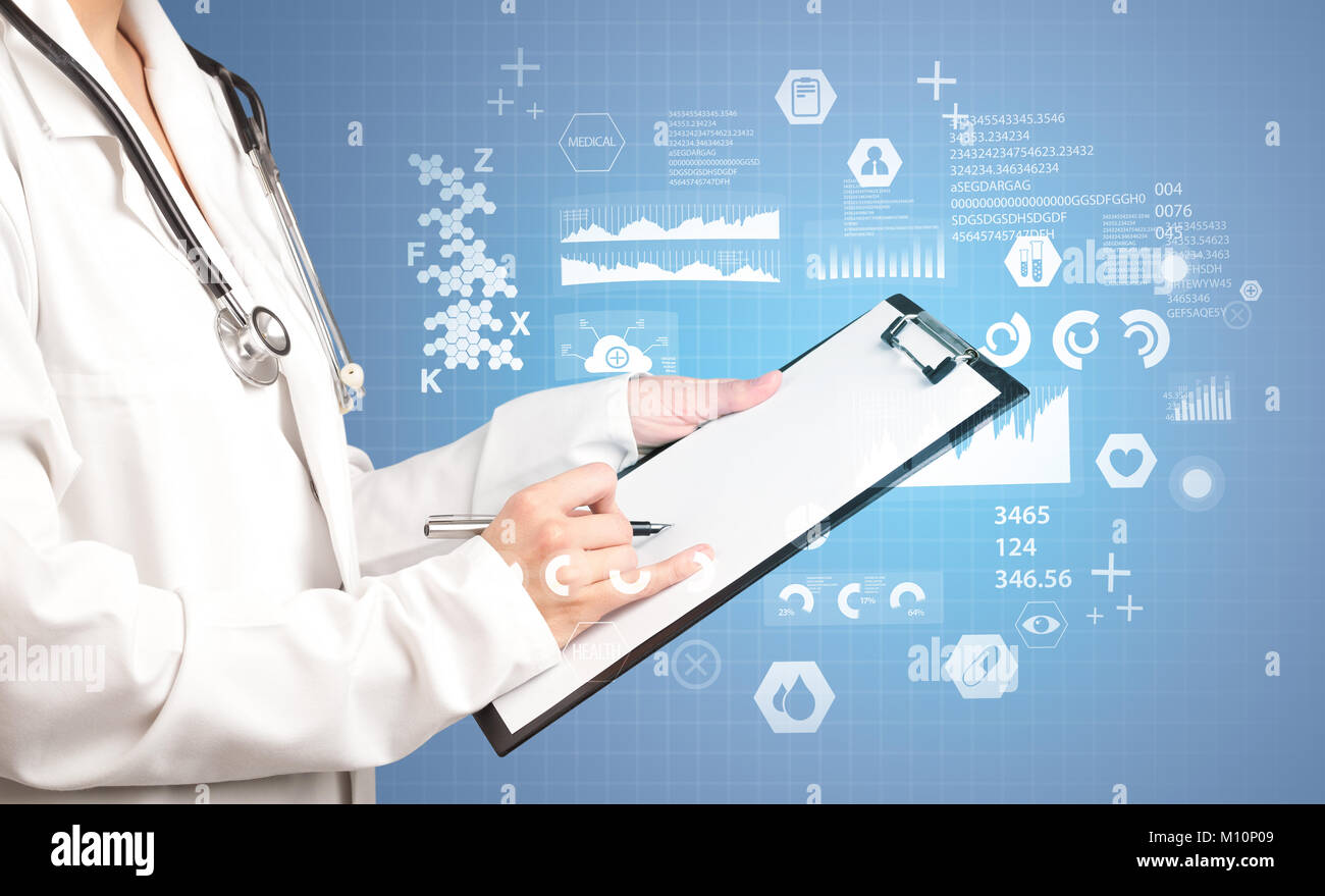 Female doctor holding notepad with blue background and data graphics ...