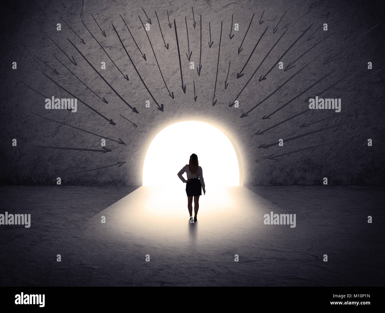 businesswoman standing in front of the huge gate with drawn arrows ...