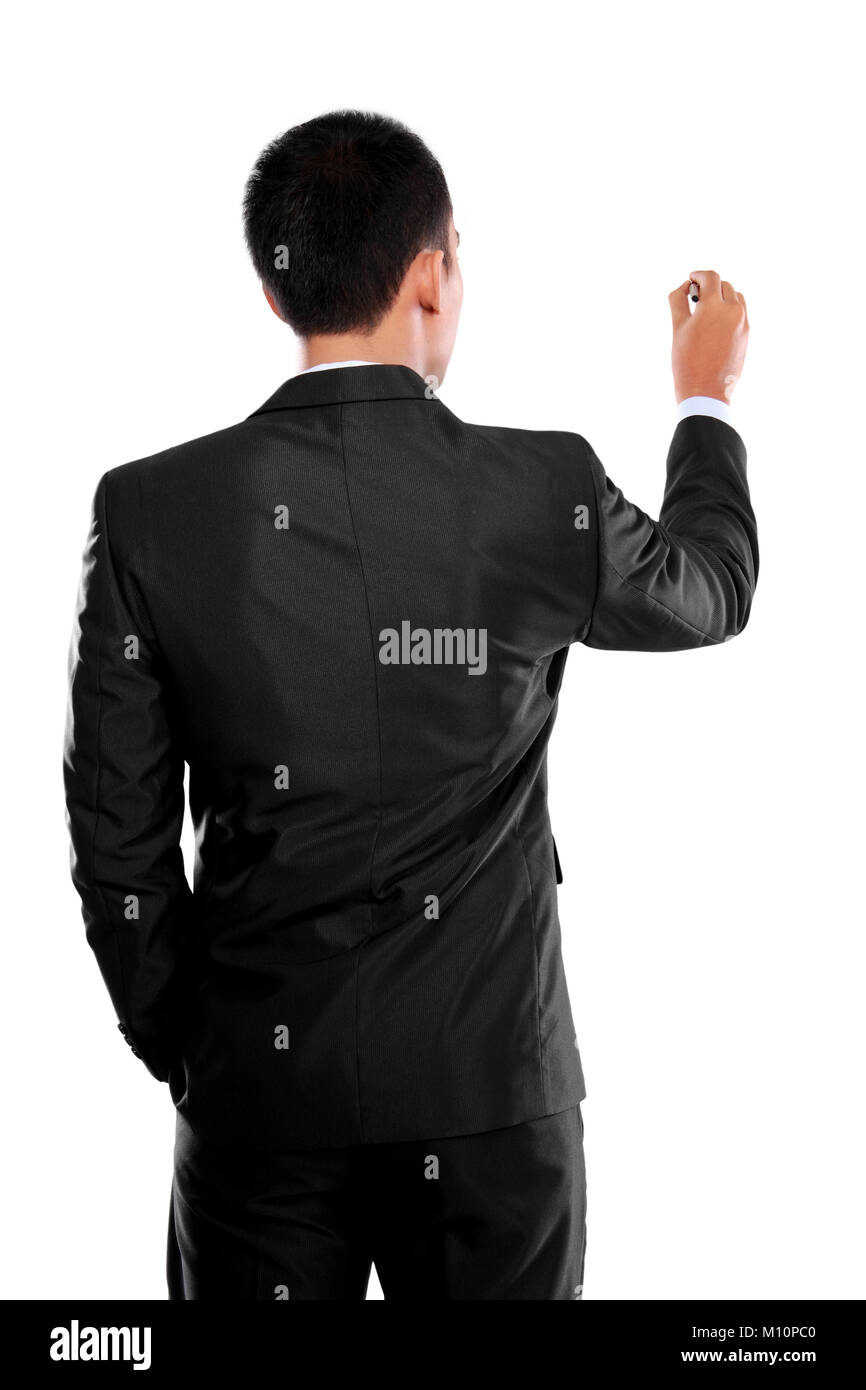 Business man writing or drawing to the blank space against white ...