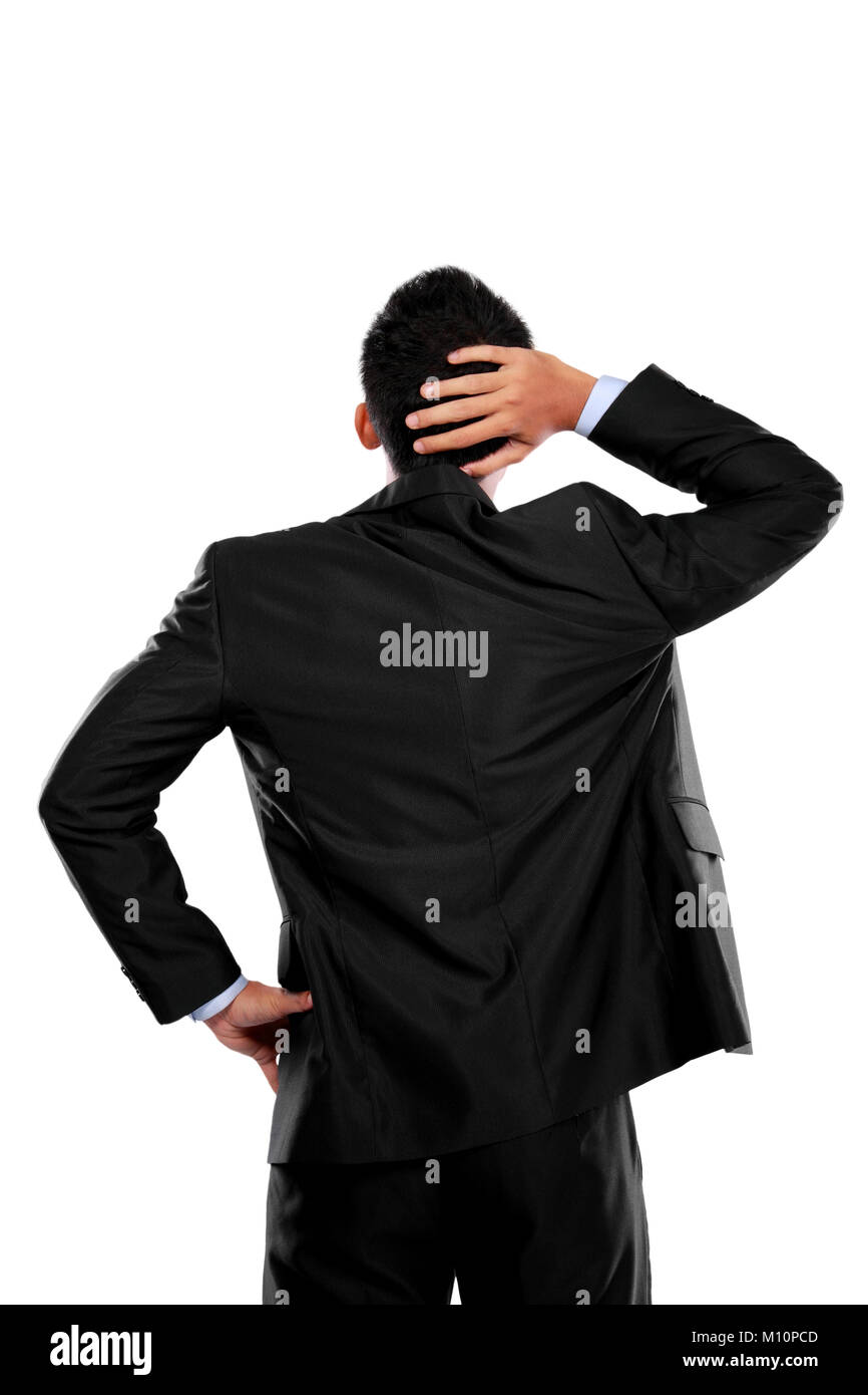 Back pose of a business person thinking. Isolated over white background ...