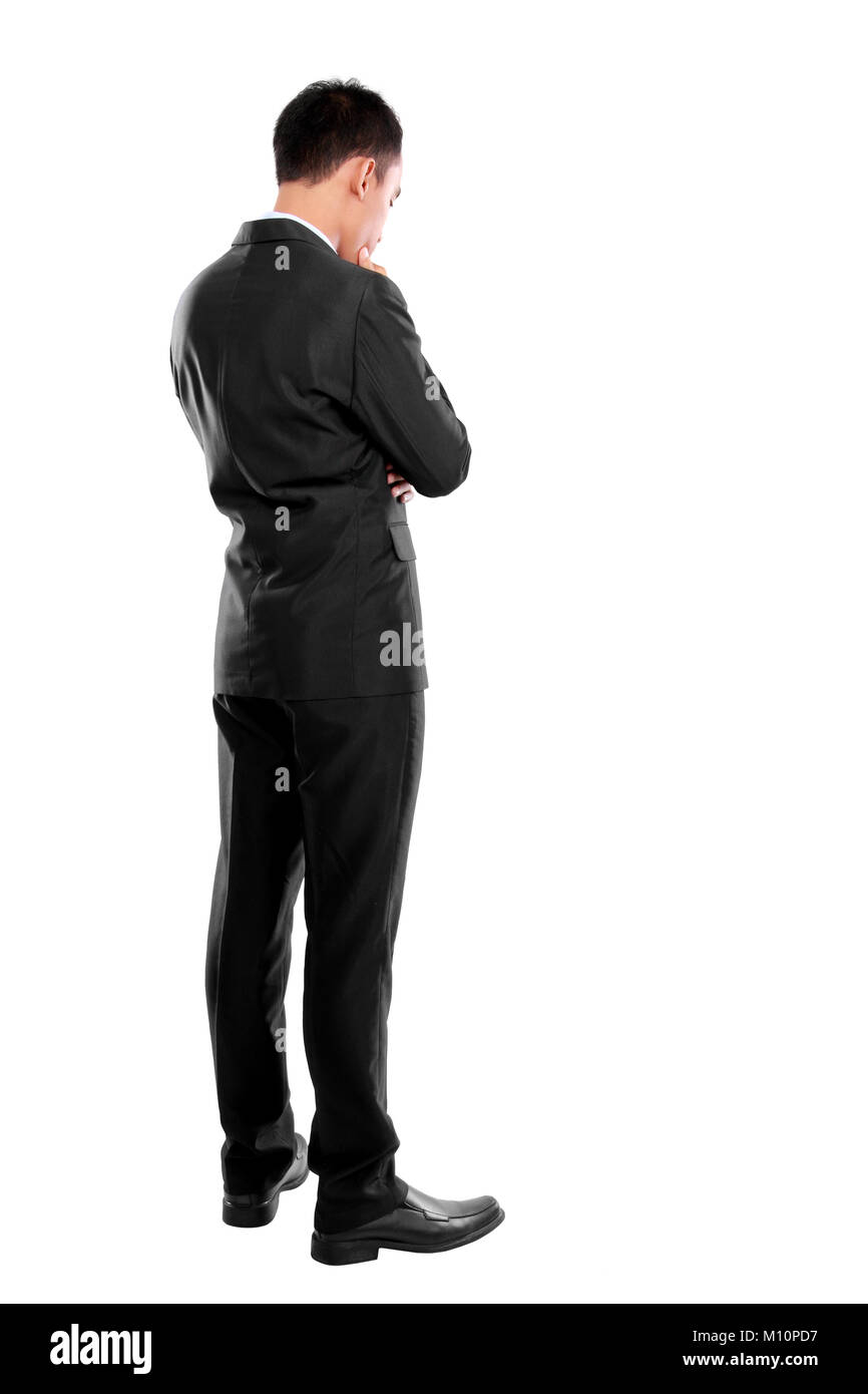 Back pose of a business person thinking. Isolated over white background ...