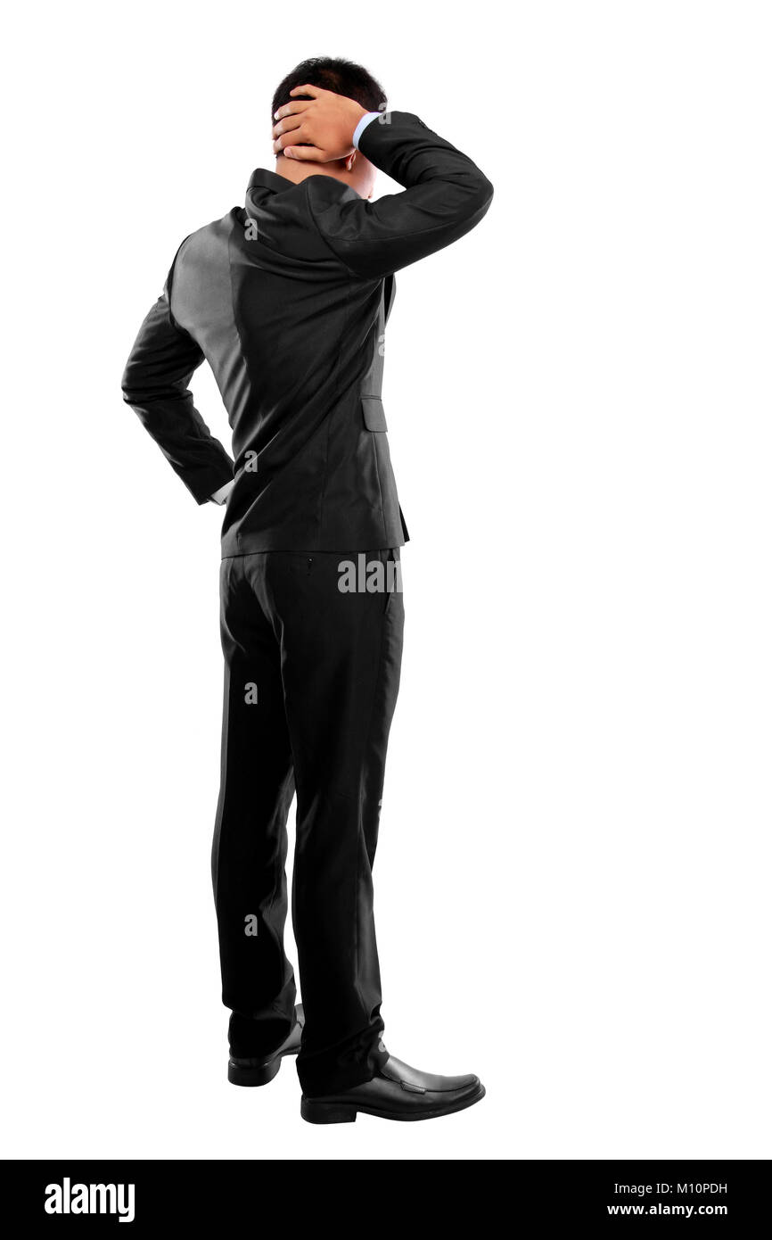 Back pose of a business person thinking. Isolated over white background ...