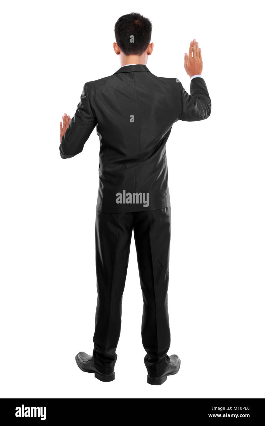 businessman hand pushing virtual screen on white background Stock Photo ...