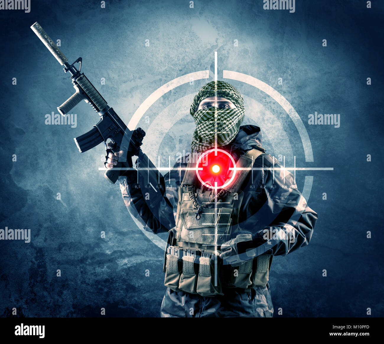 Masked terrorist man with gun and laser target on his body concept ...