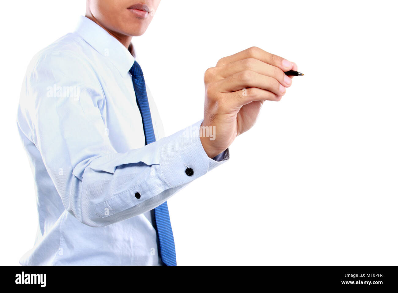 Business man writing or drawing to the blank space against white ...