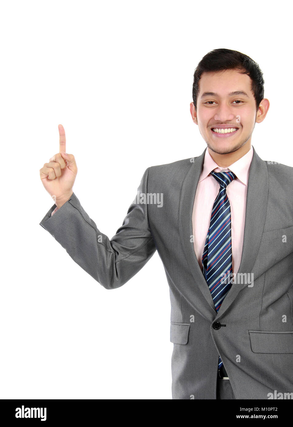 Portrait of a handsome young business man pointing something on white ...