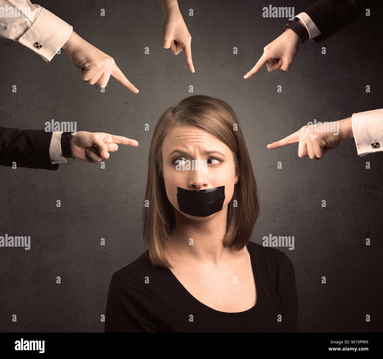 Caucasian multiple business hands pointing at female employee Stock ...