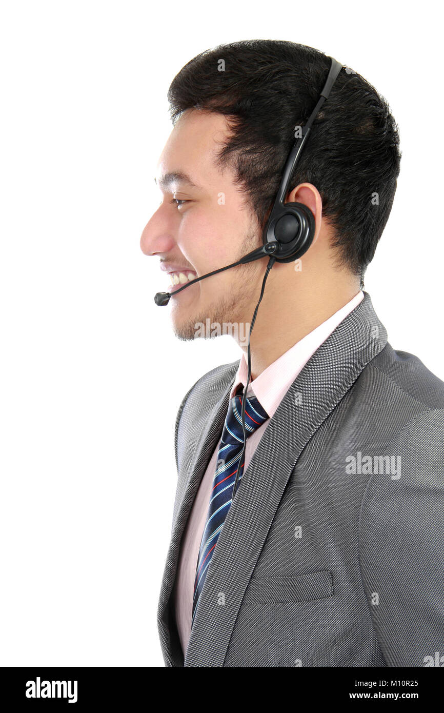 Smiling operator doing her job with headset isolated on white ...