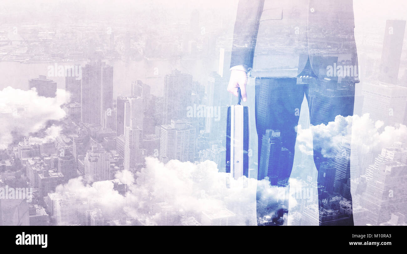 Business man standing at city overlay view background Stock Photo - Alamy