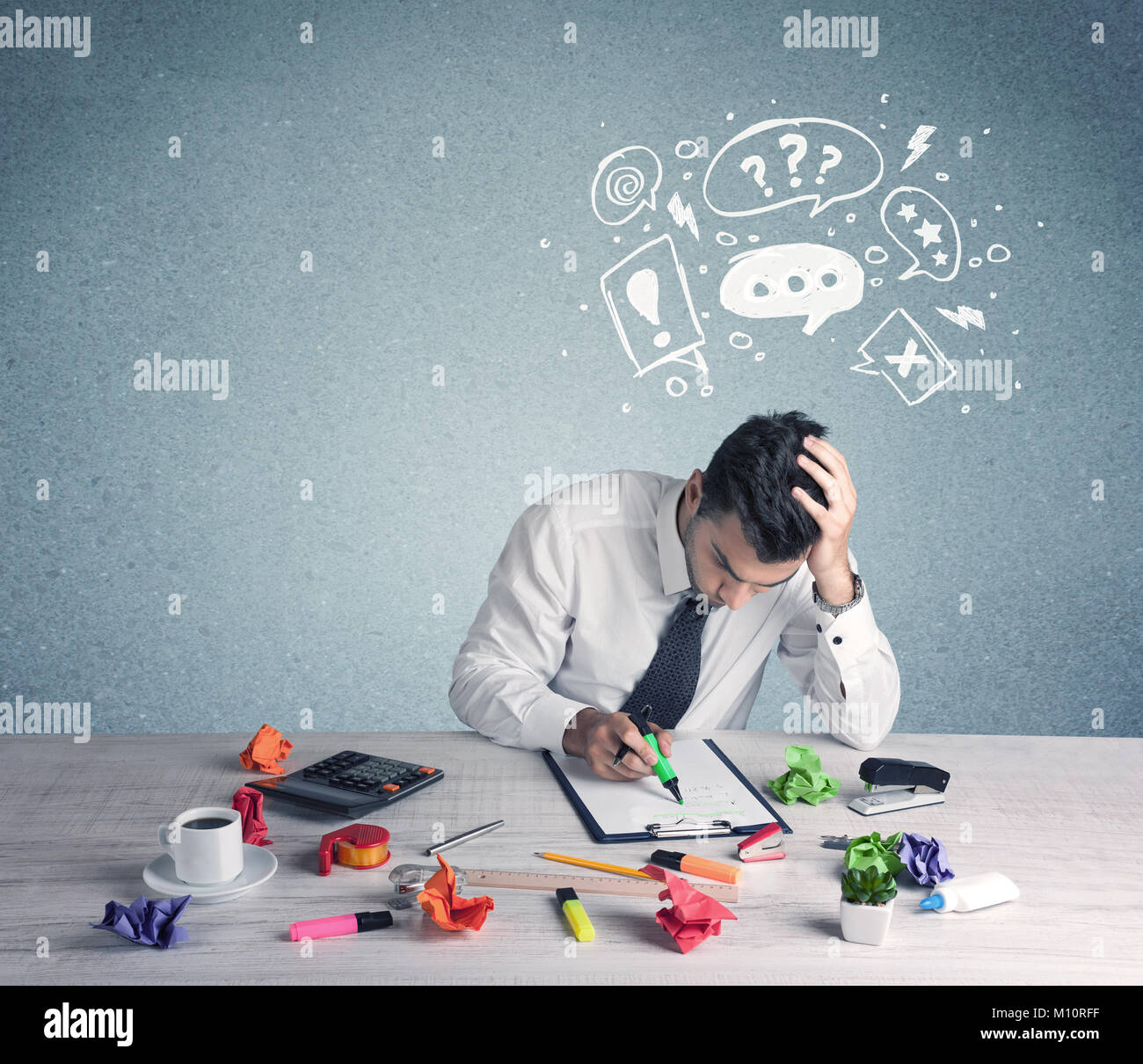 A confused office worker in trouble making silly face using magnifying ...