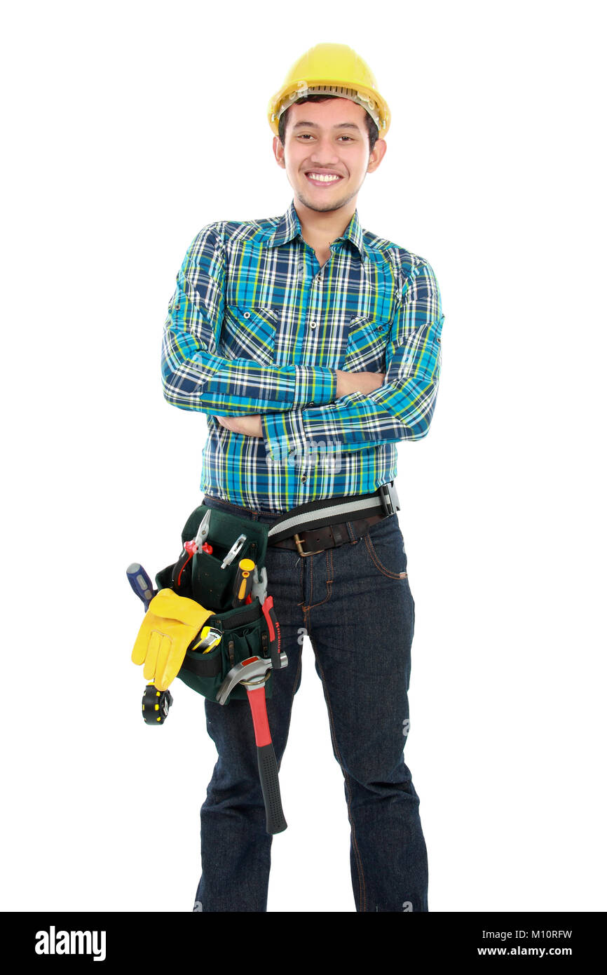 portrait smiling worker isolated over white background Stock Photo - Alamy