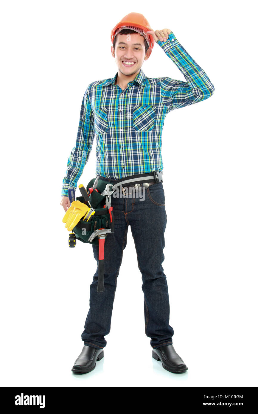 Portrait of an happy worker on white background Stock Photo - Alamy