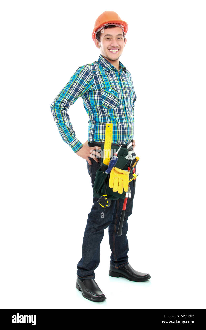 Portrait of an happy worker on white background Stock Photo - Alamy