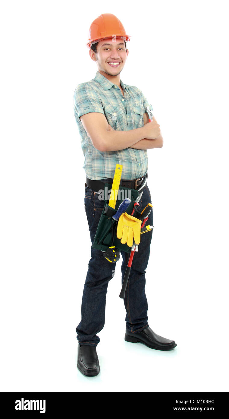 Full body portrait of an happy worker holding a wrench isolated on ...