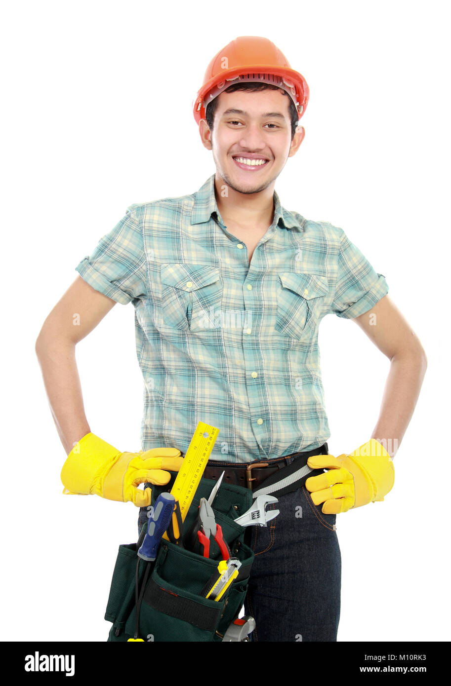 portrait of an happy worker with tools isolated on white background ...