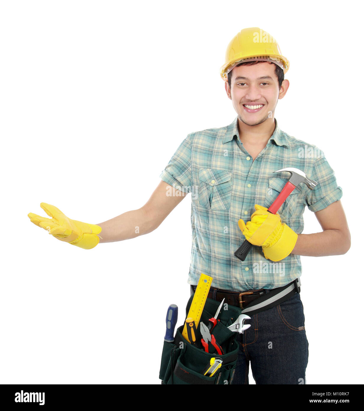 portrait of an happy worker presenting something on white background ...
