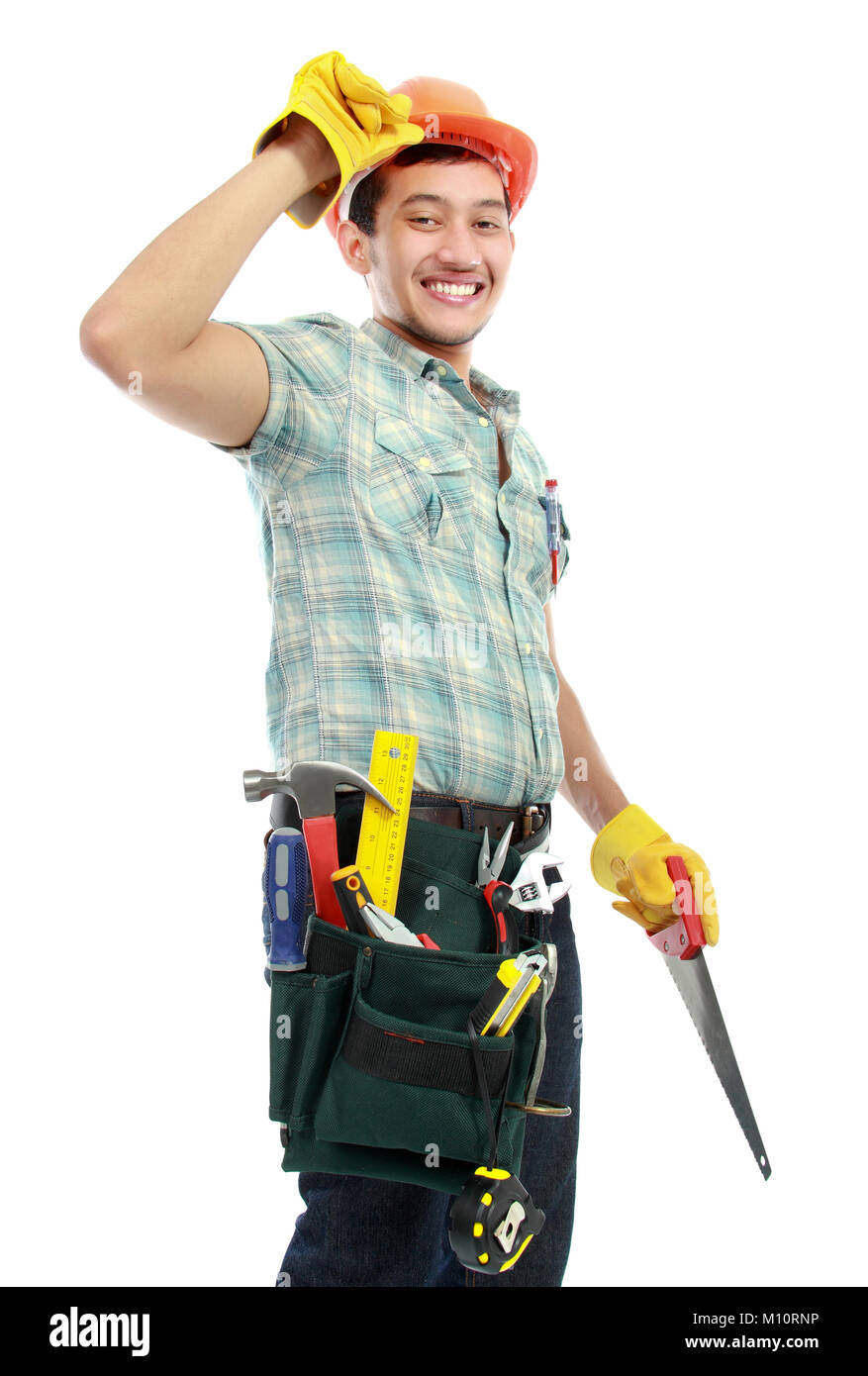 portrait of an happy worker with tools isolated on white background ...