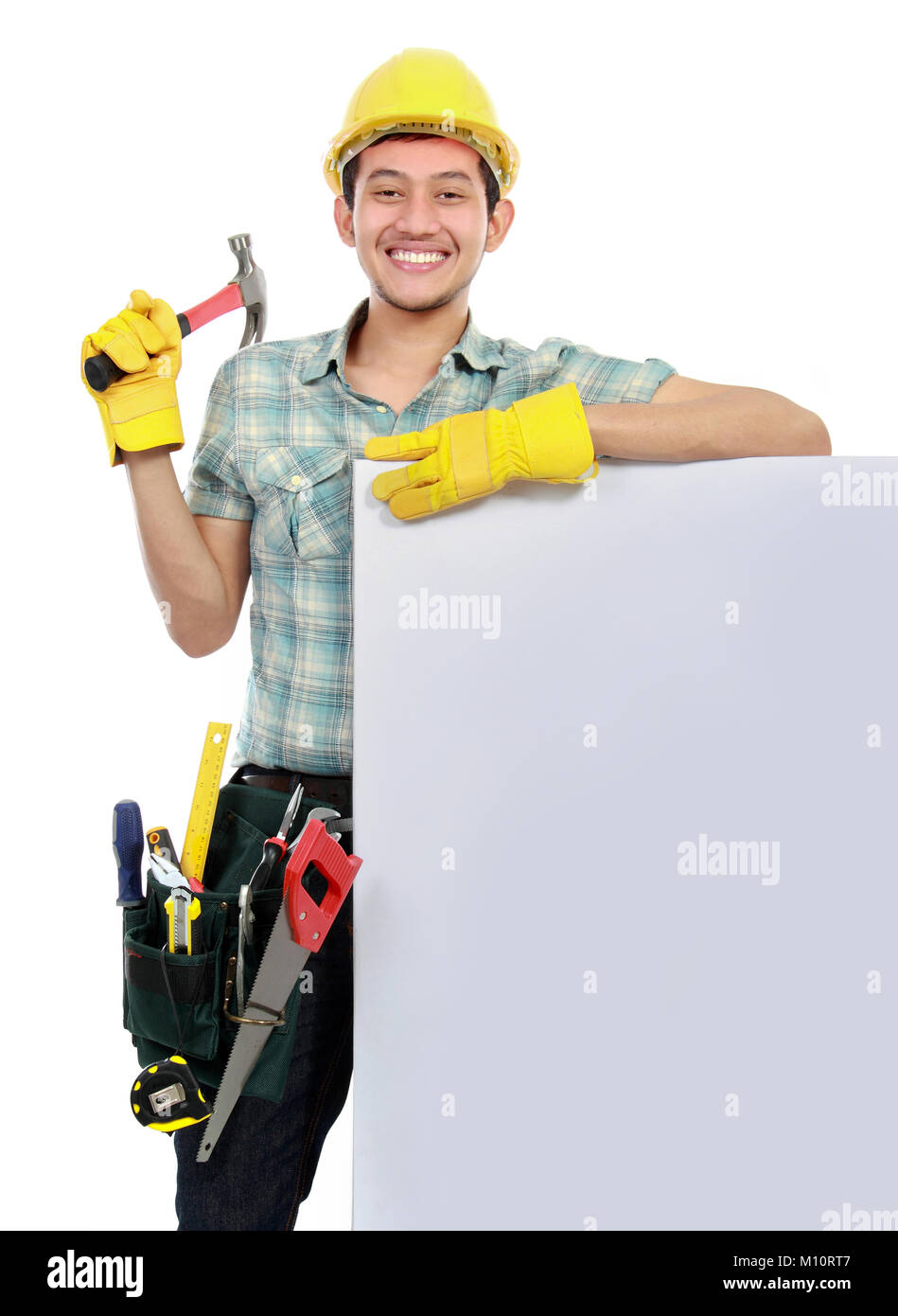 Construction worker leaning over blank white space Isolated on white ...