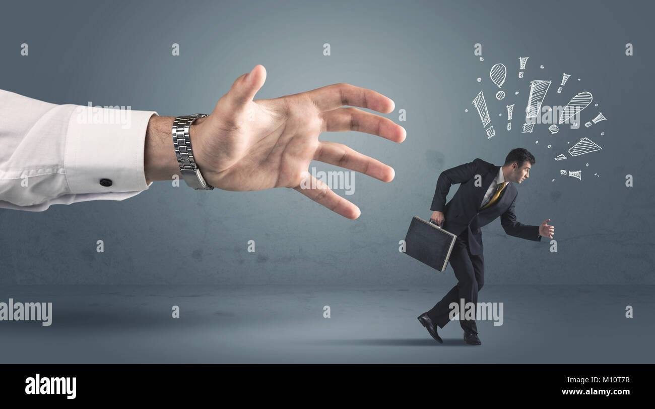 Business person with hand drawn exclamation marks getting away from a ...