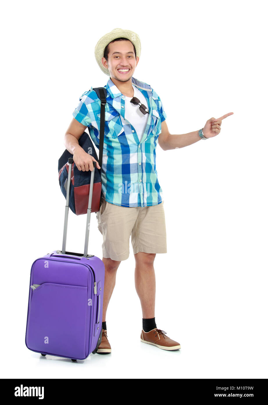 portrait of traveller presenting something isolated on white background ...