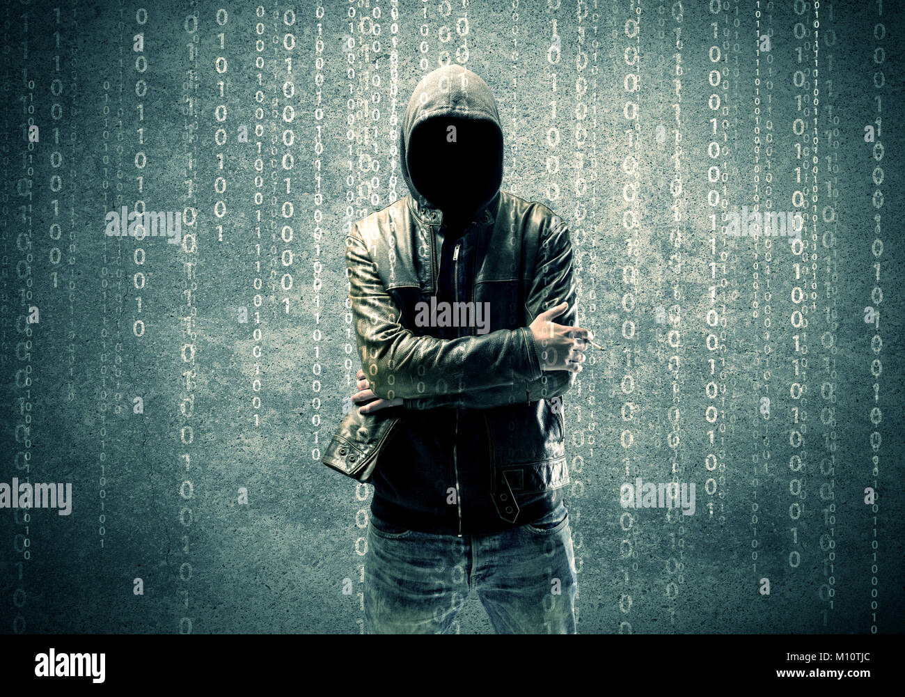 An adult online anonymous internet hacker with invisible face in urban ...