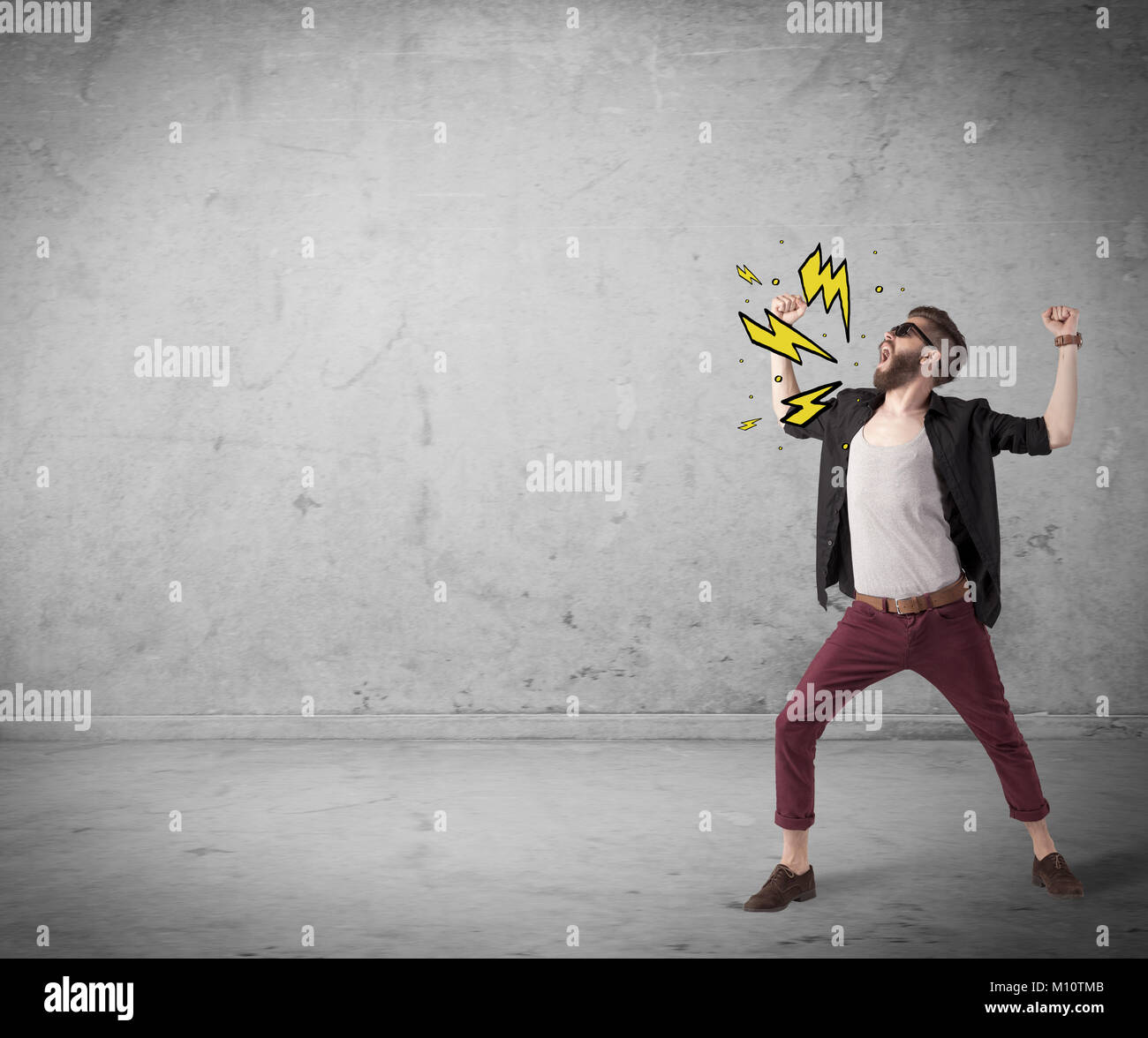 An angry hipster guy in casual clothes shouting heavily with drawn ...
