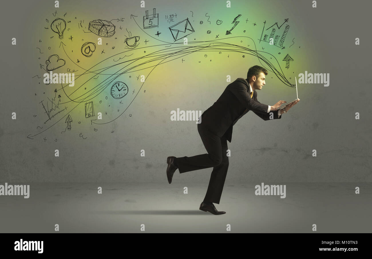 Business man in a rush with hand drawn doodle media icons and arrows ...