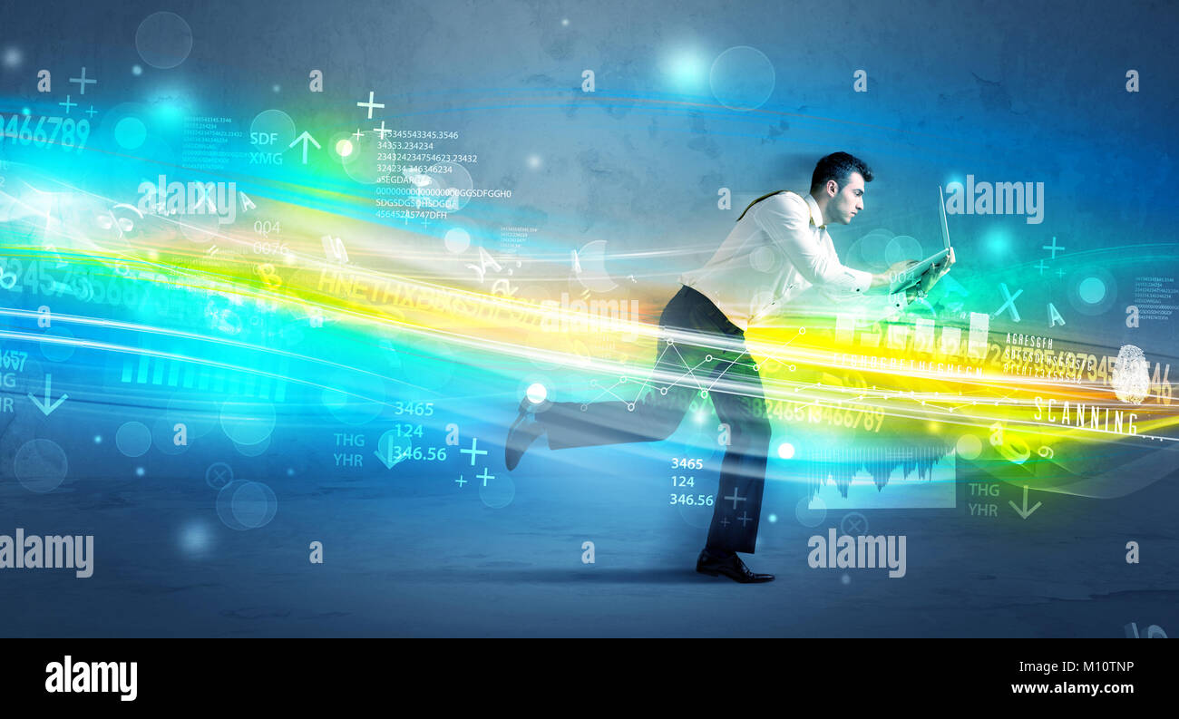 Business man running with device in high tech wave cloud concept on ...