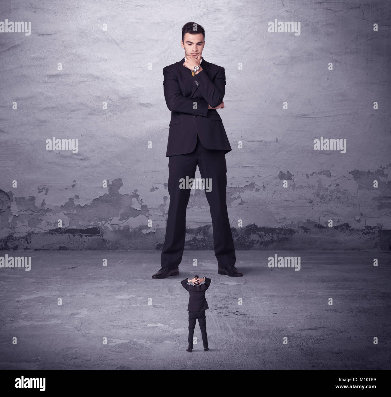 Angry big manager looking at small business man concept on background ...