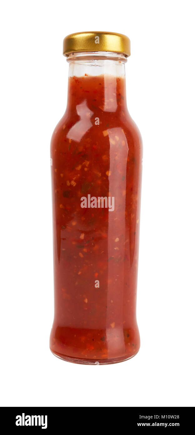bottle of hot sauce is spilling liquid on white background Stock Photo ...