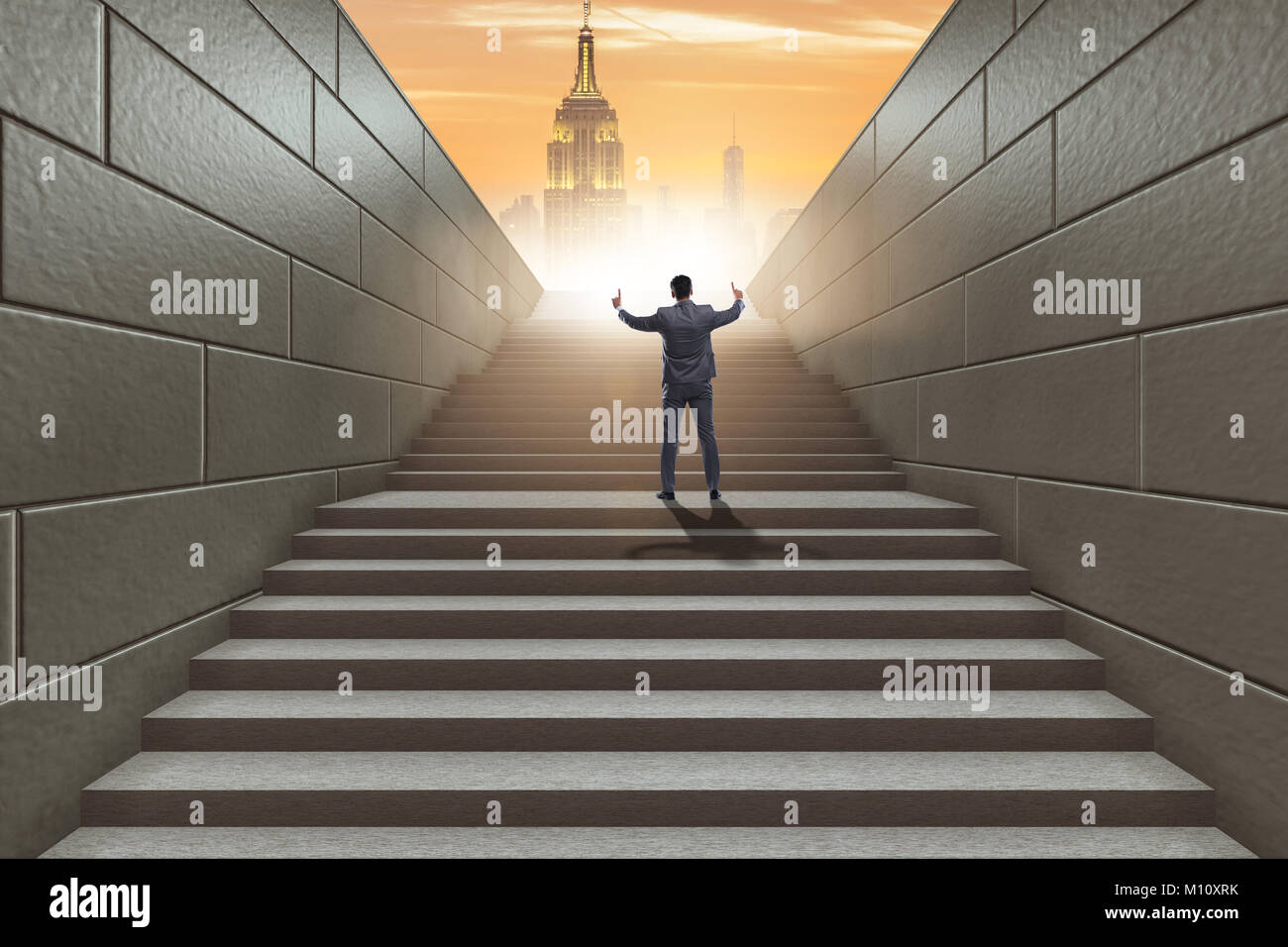 Businessman climbing up challenging career ladder in business concept ...