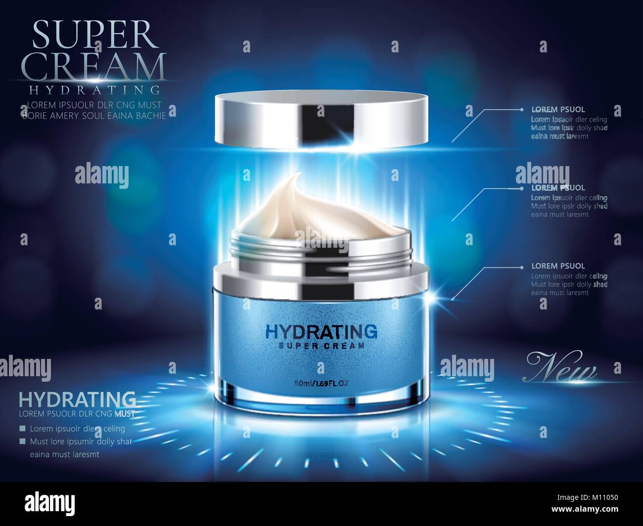 Hydrating cream ads, blue cream jar with open lid and bokeh background ...