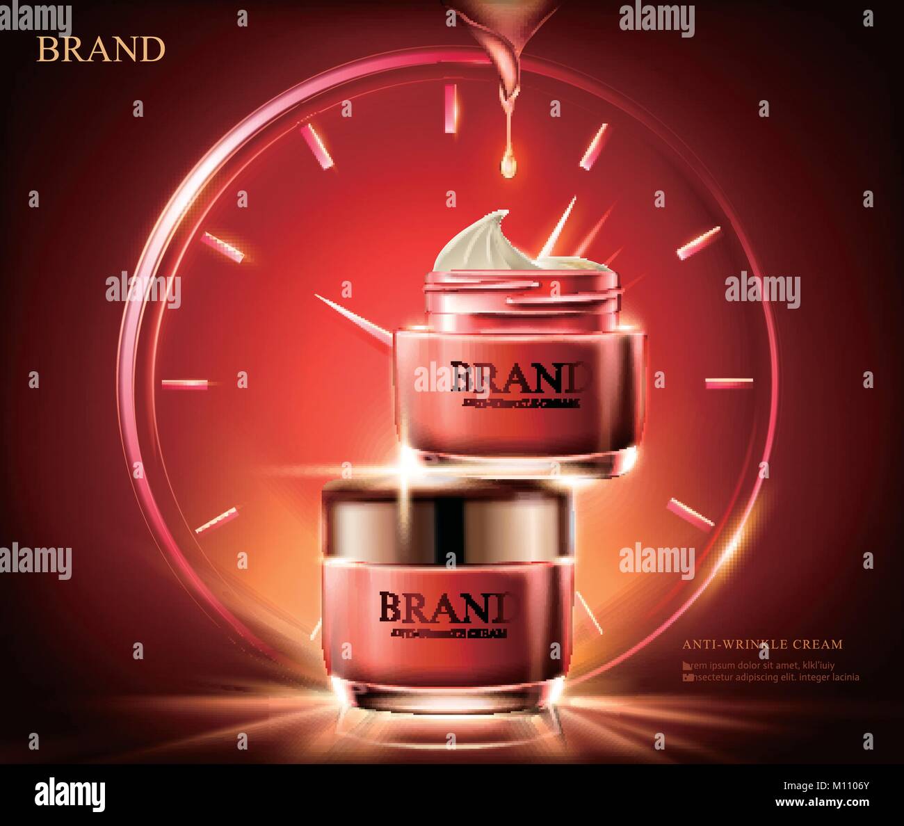 Anti-wrinkle cream ads, cosmetic red cream jar with light effect ...